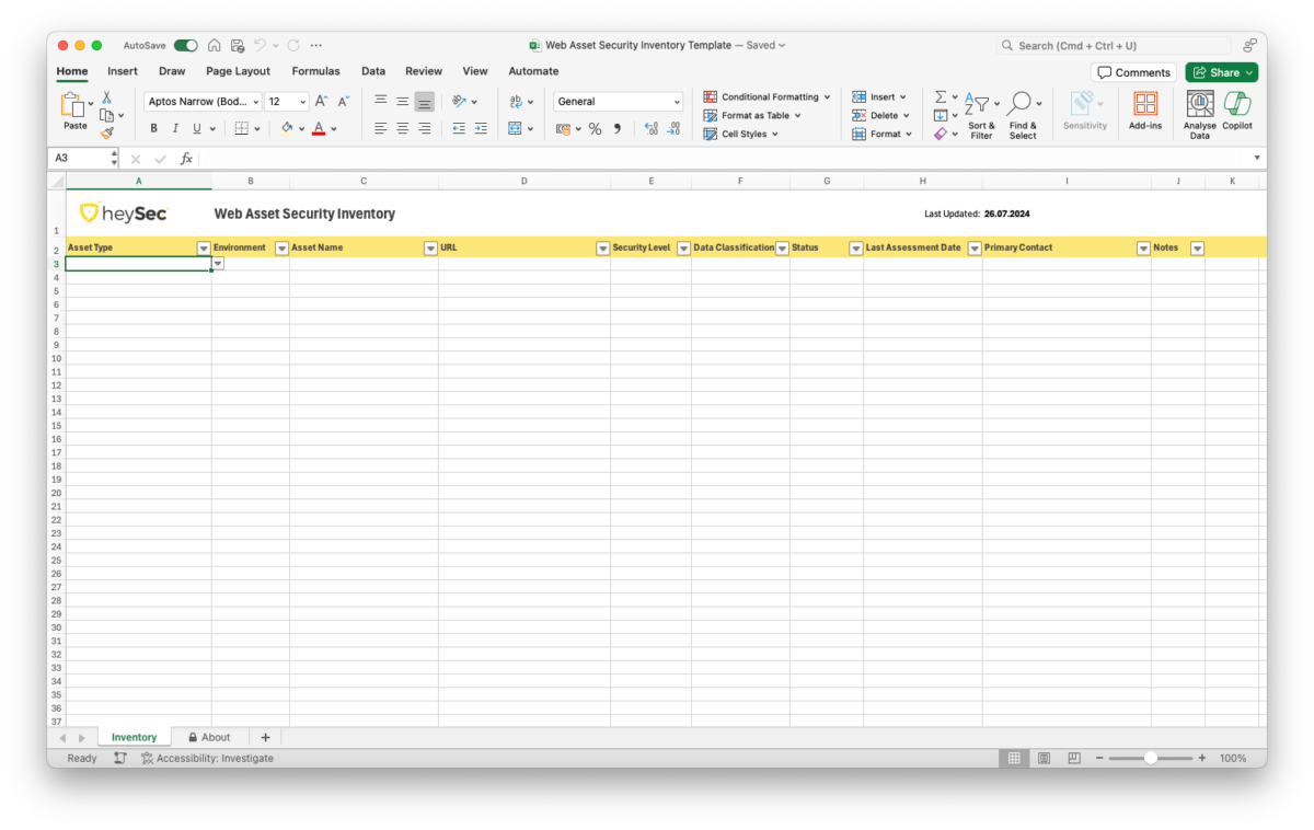 Web Asset Security Inventory Template - heySec
